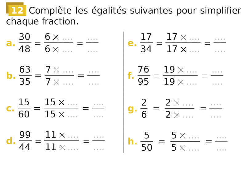 Fractions - Simplifier une fraction - Exercice n°12