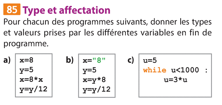 Programmation en langage Python - Exercice de synthèse n°85 : Type et affectation